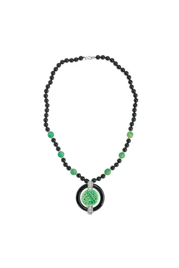 KENNETH JAY LANE And Carved Jade Bead Necklace With Deco Pendant - Black