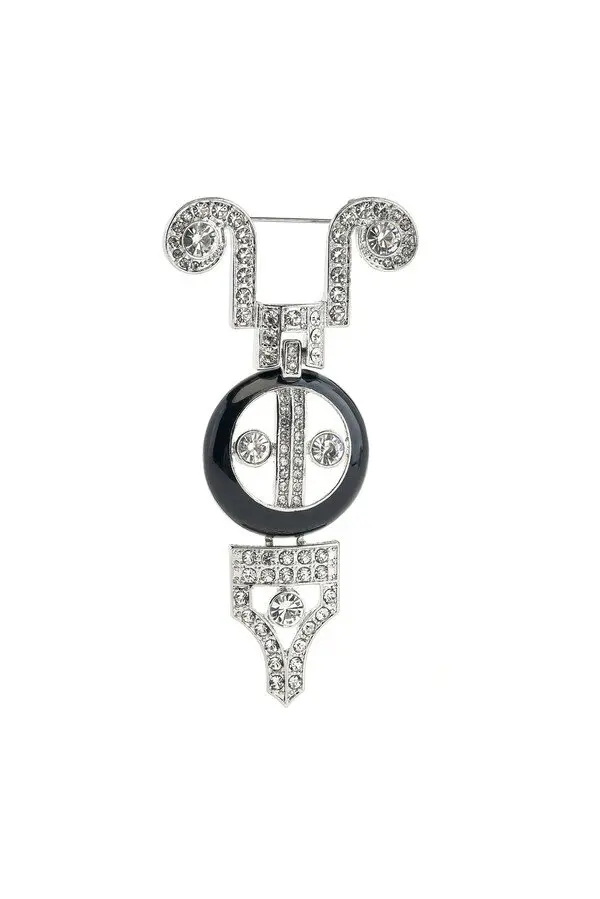 KENNETH JAY LANE Silver Crystal Enamel Hanging Deco Pin - Black
