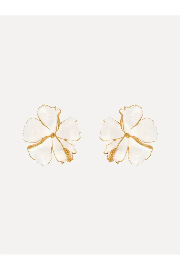 Oscar De La Renta Enamel Hibiscus Clip-on Earrings - Natural