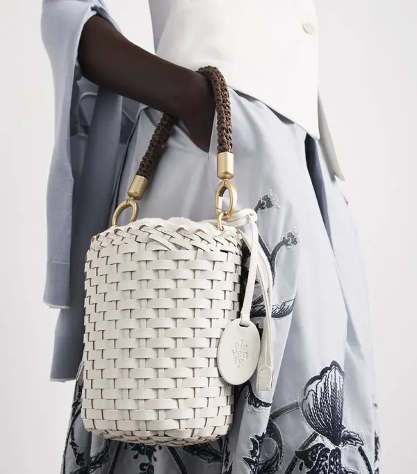 Eleventy Woven Leather Bucket Bag With Raffia Handle