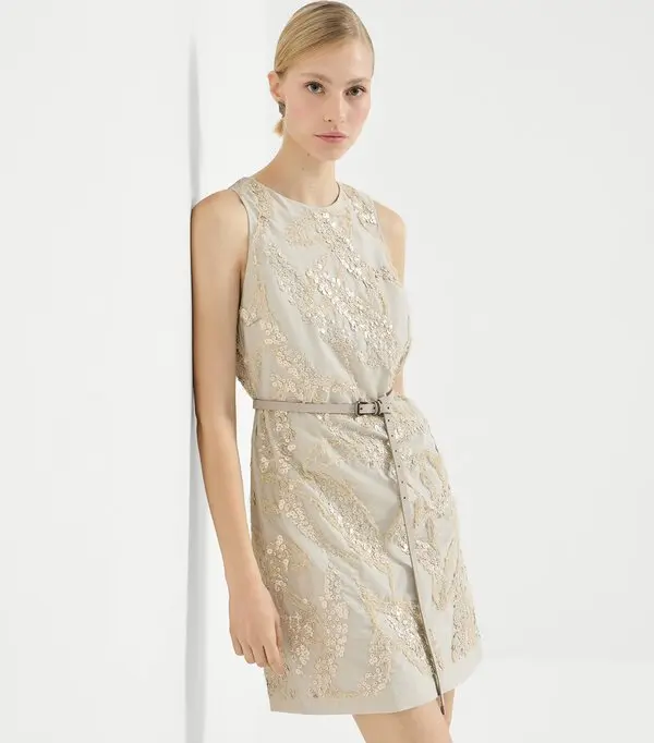 Brunello Cucinelli Cotton-blend Embroidered Mini Dress - Grey