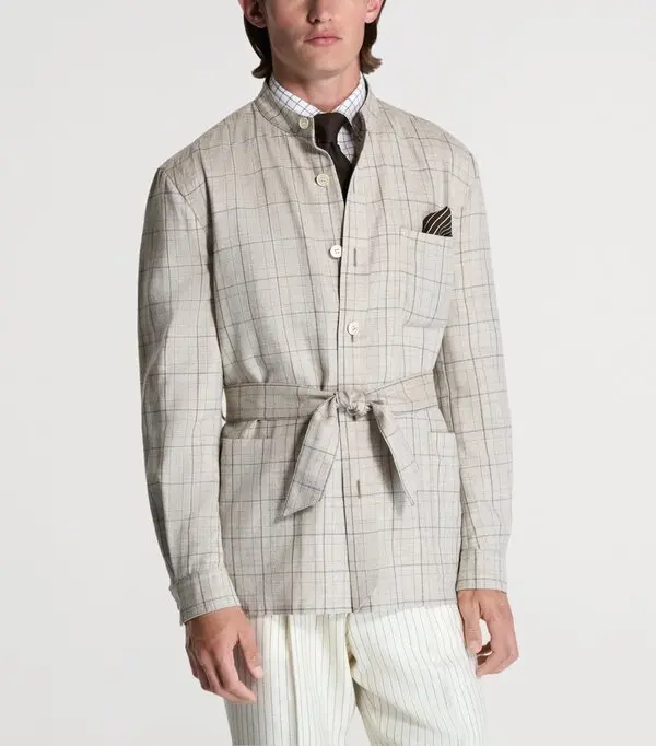 Dunhill Wool-silk-linen Check Belted Jacket