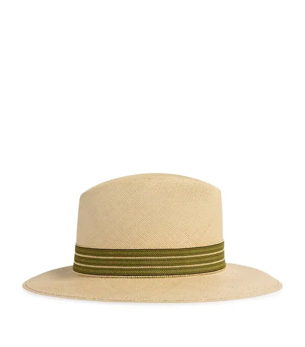 Dunhill Straw Panama Hat With Stripe Trim - Green