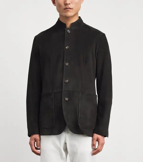 Eleventy Suede Mandarin Collar Jacket - Black
