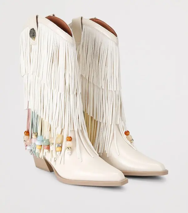 Kurt Geiger Leather Fringed Cowboy Boots - White