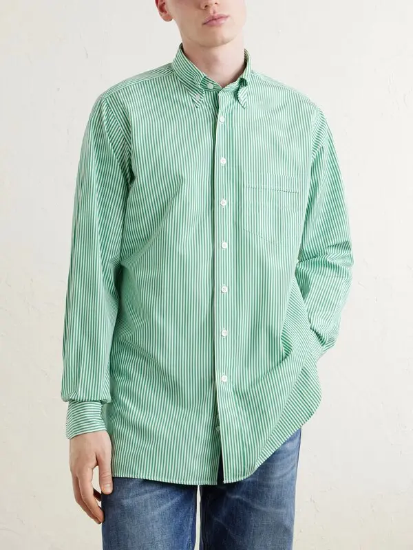 DRAKE'S Button-down Collar Striped Cotton-poplin Shirt - Green