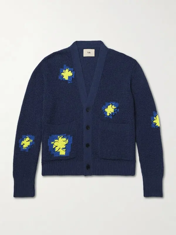 Folk Embroidered Waffle-knit Cardigan - Blue