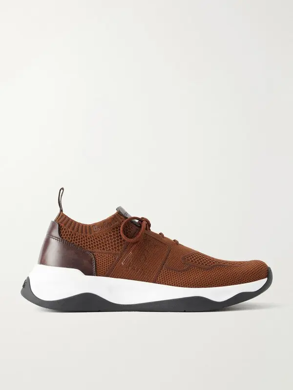 Berluti Shadow Leather-trimmed Stretch-knit Sneakers - Brown