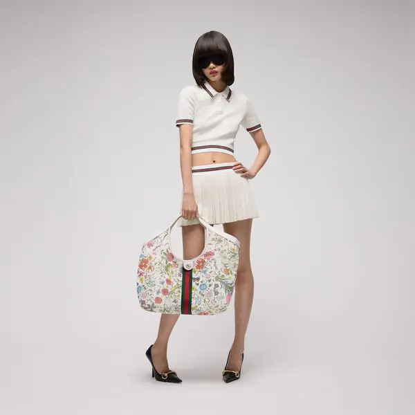 Gucci Giglio Flora Large Tote Bag In Net And Leather - Beige