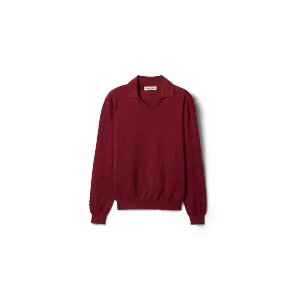 Miu Miu V-neck Cotton Sweater With Piqué Motif - Amaranth Red