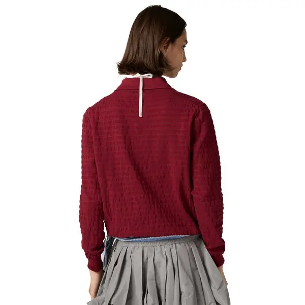Miu Miu V-neck Cotton Sweater With Piqué Motif - Amaranth Red