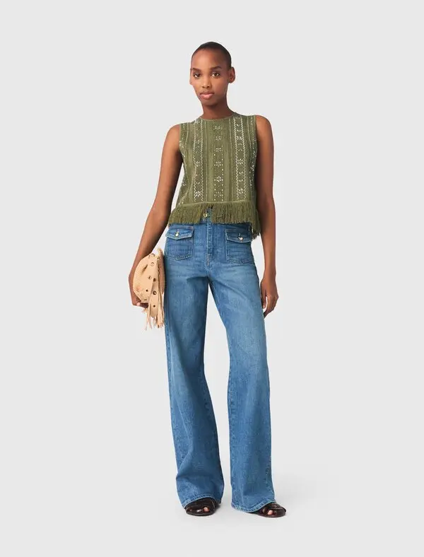 Maje Sleeveless Rhinestone Embroidered Fringed Knit Top
