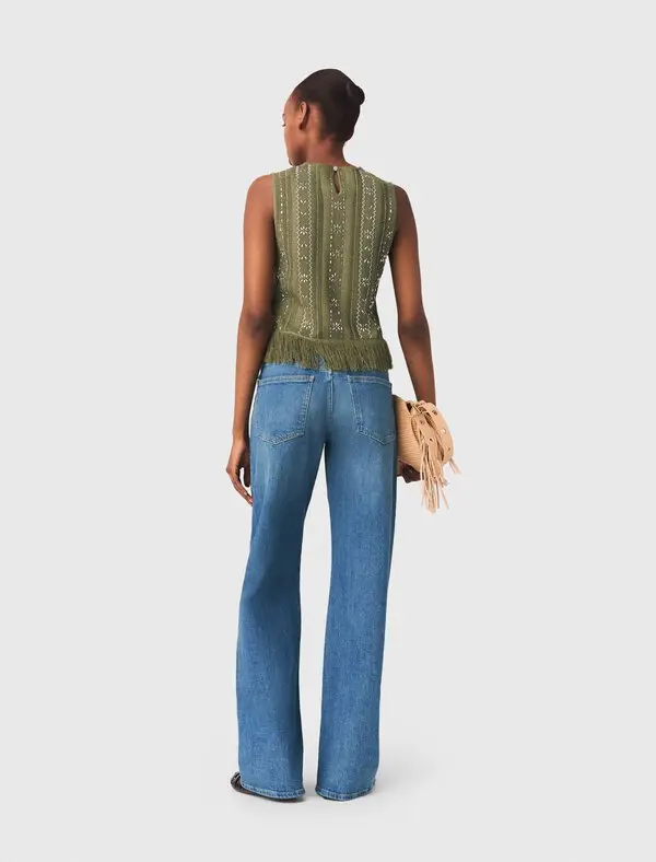 Maje Sleeveless Rhinestone Embroidered Fringed Knit Top