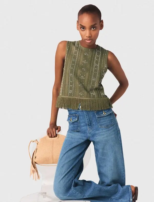 Maje Sleeveless Rhinestone Embroidered Fringed Knit Top