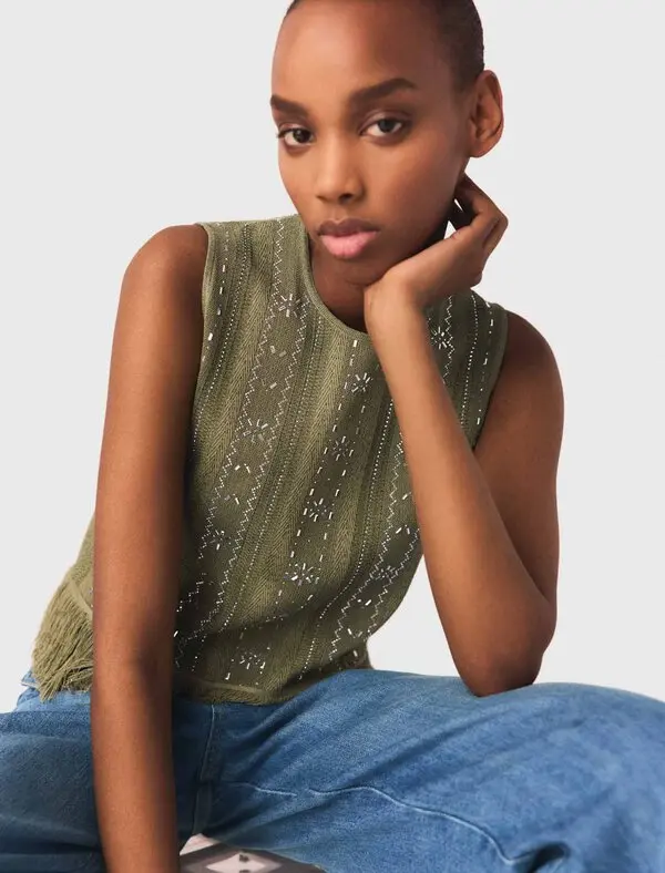 Maje Sleeveless Rhinestone Embroidered Fringed Knit Top