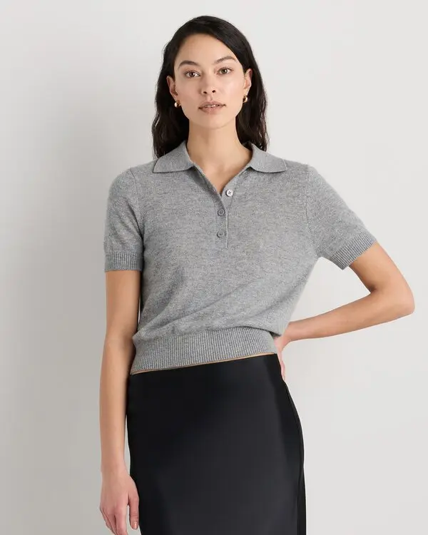 Quince Mongolian Cashmere Short Sleeve Polo - Heather Grey