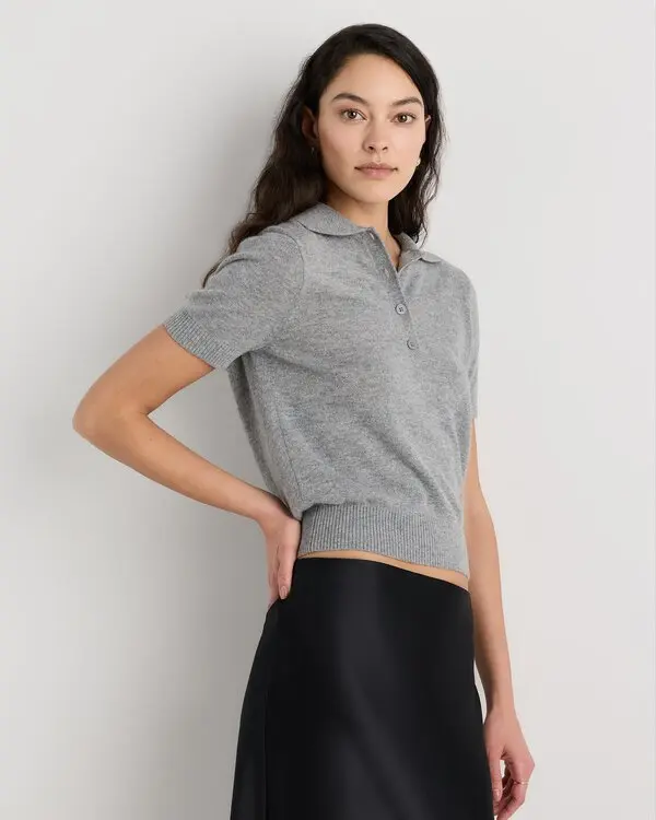 Quince Mongolian Cashmere Short Sleeve Polo - Heather Grey