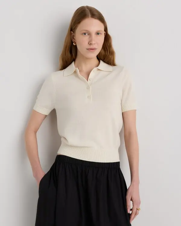 Quince Mongolian Cashmere Short Sleeve Polo - Ivory