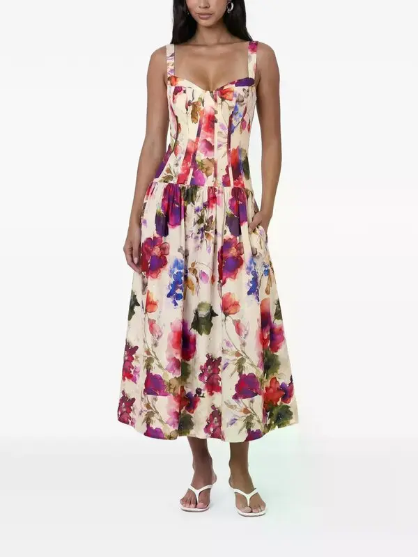 NICHOLAS Makenna Floral-print Corset Midi Dress - Neutrals