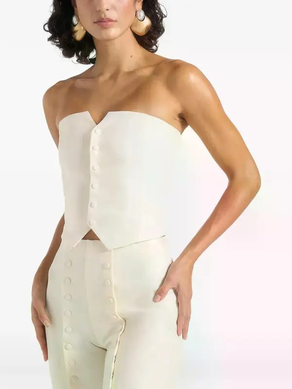 Manière De Voir Off-white Twill Texture Cropped Blazer And Strapless Top Set