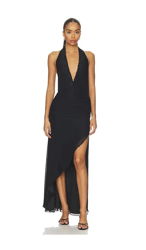 TIGER MIST Halterneck Maxi Dress With Lace Trim And Slit