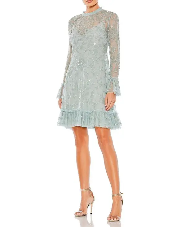 Mac Duggal Sequin Embellished Mini Dress With Ruffled Cuffs