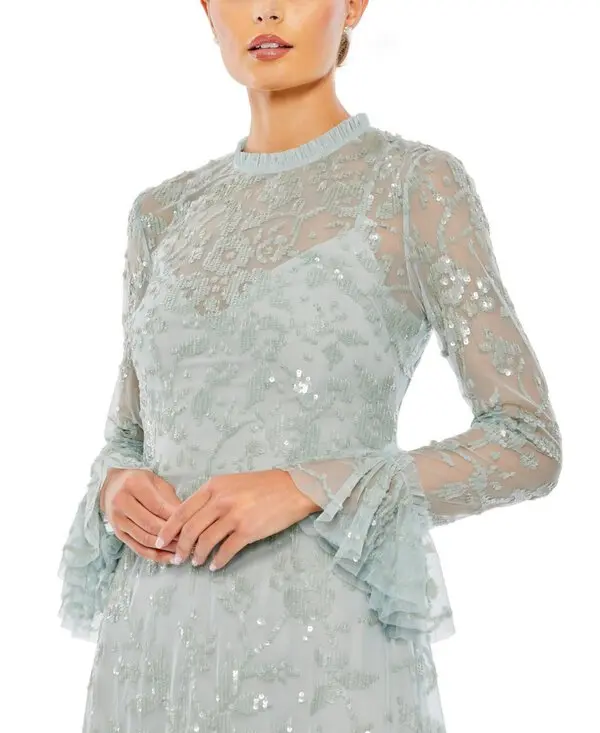 Mac Duggal Sequin Embellished Mini Dress With Ruffled Cuffs