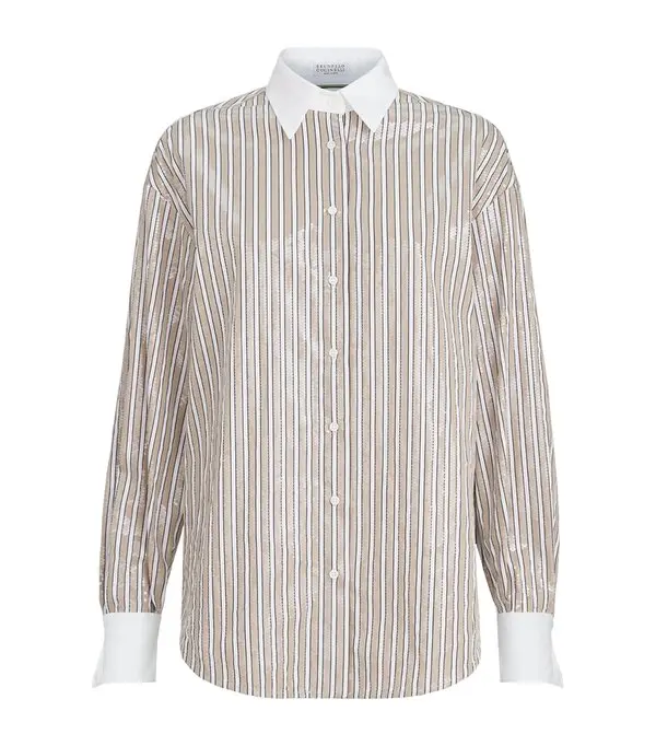 Brunello Cucinelli Striped Sequin Embellished Cotton Shirt