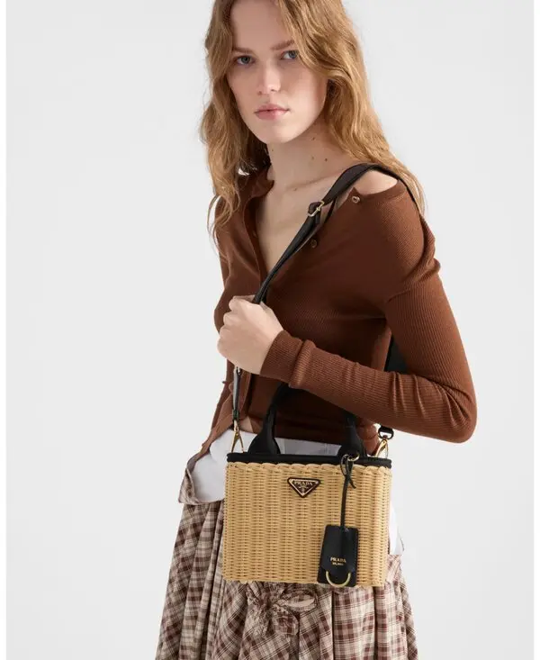 Prada Small Wicker And Canvas Tote Bag - Neutral/black