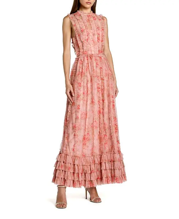 Mac Duggal Floral Mesh High Neck Midi Dress With Ruffled Detailing - Rose Multi