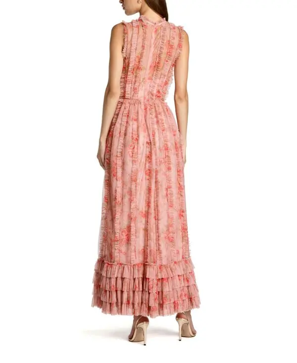 Mac Duggal Floral Mesh High Neck Midi Dress With Ruffled Detailing - Rose Multi