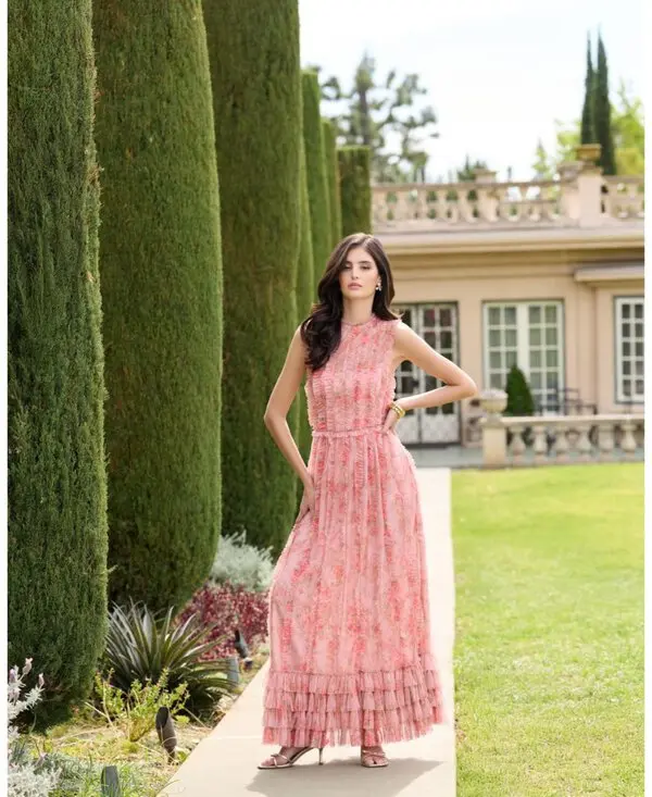 Mac Duggal Floral Mesh High Neck Midi Dress With Ruffled Detailing - Rose Multi