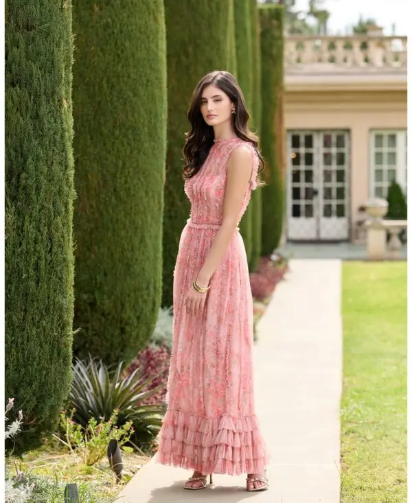 Mac Duggal Floral Mesh High Neck Midi Dress With Ruffled Detailing - Rose Multi