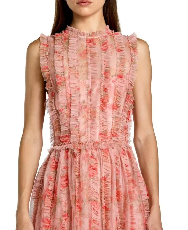 Mac Duggal Floral Mesh High Neck Midi Dress With Ruffled Detailing - Rose Multi