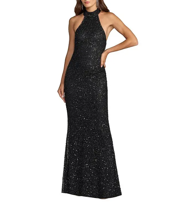 Mac Duggal Embellished Halter Neck Open Back Column Gown - Black