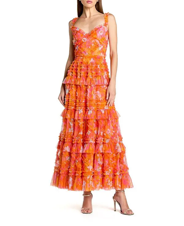 Mac Duggal Sleeveless Floral Ruffle A-line Maxi Dress