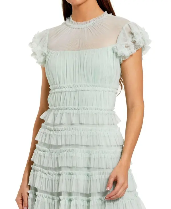 Mac Duggal High Neck Cap Sleeve Ruffled Midi Dress