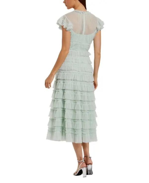 Mac Duggal High Neck Cap Sleeve Ruffled Midi Dress