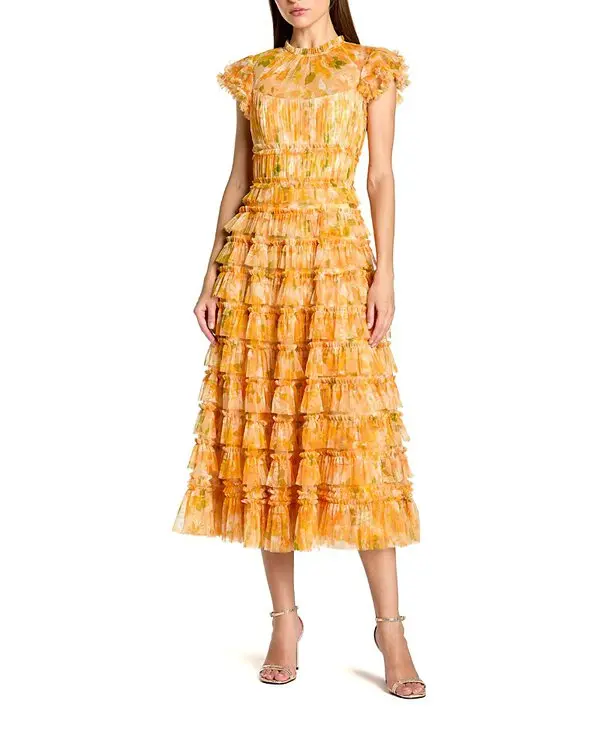 Mac Duggal High Neck Cap Sleeve Ruffled Midi Dress
