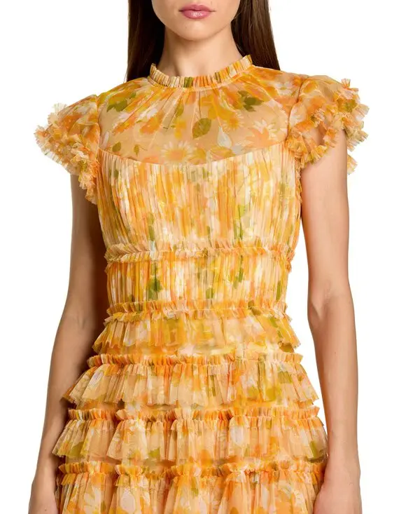 Mac Duggal High Neck Cap Sleeve Ruffled Midi Dress