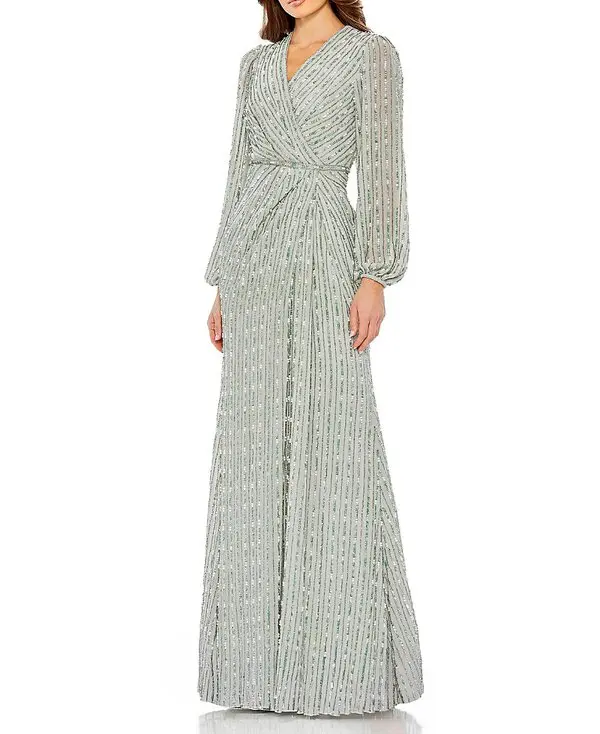 Mac Duggal Embellished V-neck Gown With Long Sleeves
