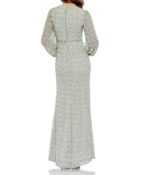 Mac Duggal Embellished V-neck Gown With Long Sleeves