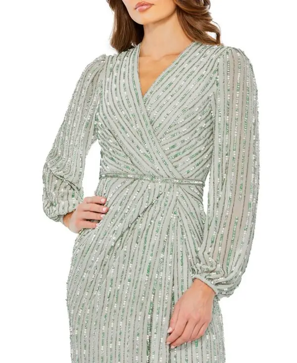 Mac Duggal Embellished V-neck Gown With Long Sleeves