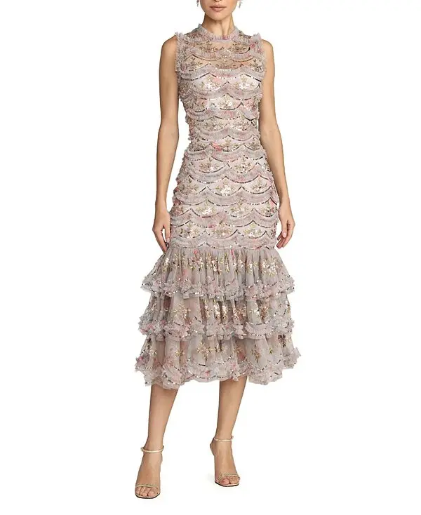 Mac Duggal Sleeveless Sequin Tiered Ruffle Midi Dress