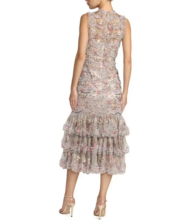 Mac Duggal Sleeveless Sequin Tiered Ruffle Midi Dress