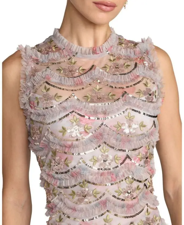 Mac Duggal Sleeveless Sequin Tiered Ruffle Midi Dress