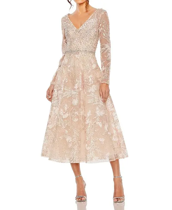 Mac Duggal Beaded Embroidered Long Sleeve V-neck Midi Dress