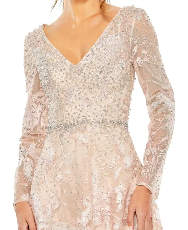 Mac Duggal Beaded Embroidered Long Sleeve V-neck Midi Dress