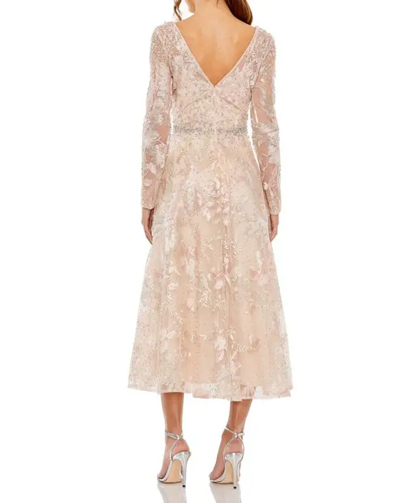 Mac Duggal Beaded Embroidered Long Sleeve V-neck Midi Dress