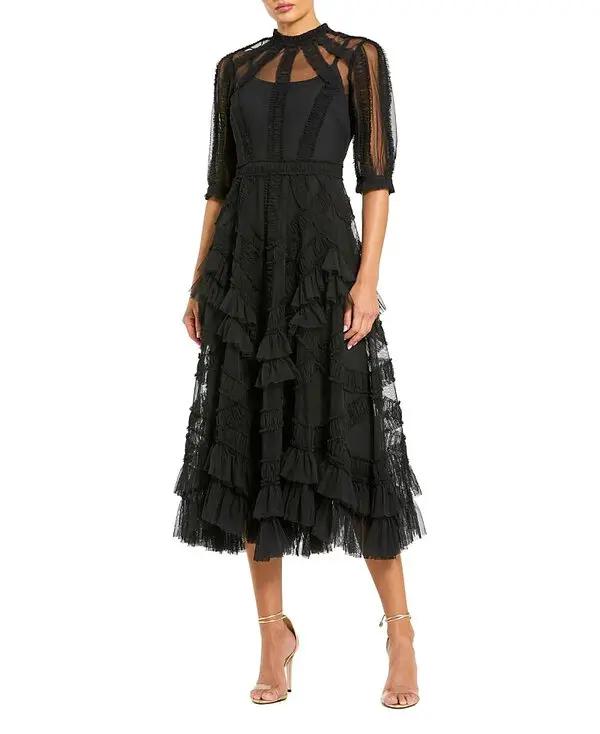 Mac Duggal High Illusion Neck Ruffle Tiered A-line Midi Dress - Black